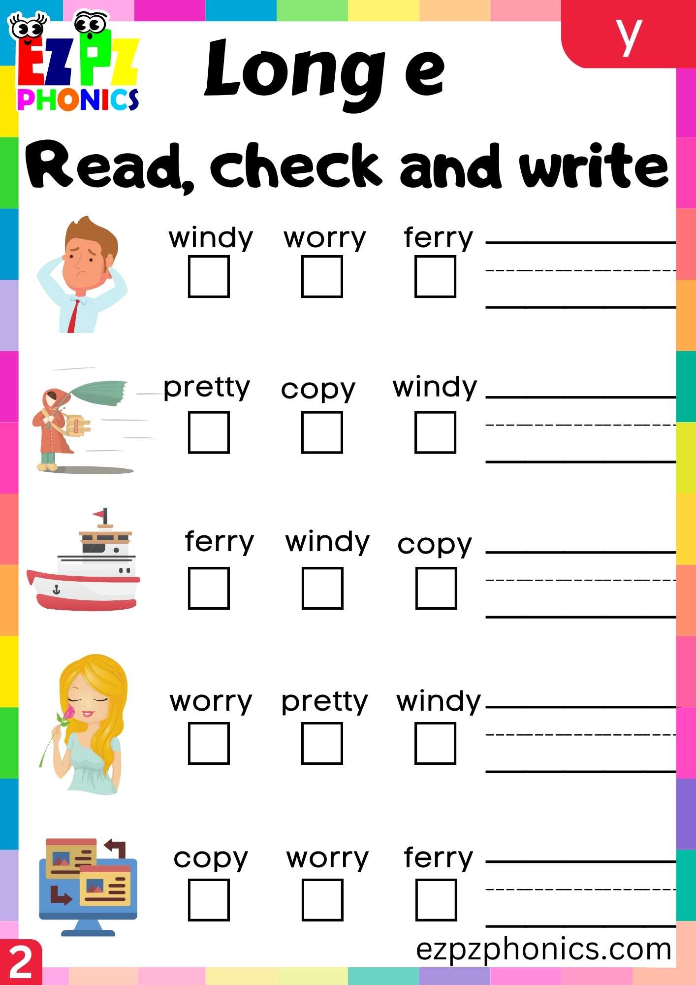 Group2 Y Words Read, Check And Write Long E Phonics Worksheet - ezpzphonics.com